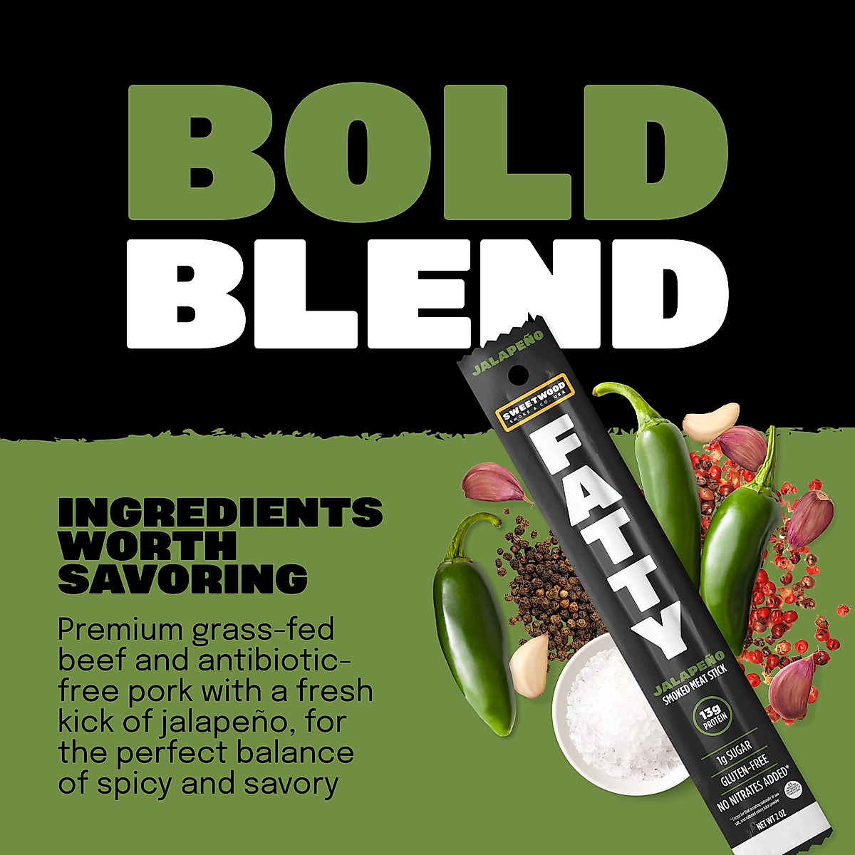 FATTY Meat Sticks, Grass-Fed Beef, High Protein Snack, Camping, Sports, Road Trip, Low Carb, Gluten Free, MSG Free, Nitrate Free, Jalapeno Flavor, 2 Ounce (5 Sticks)