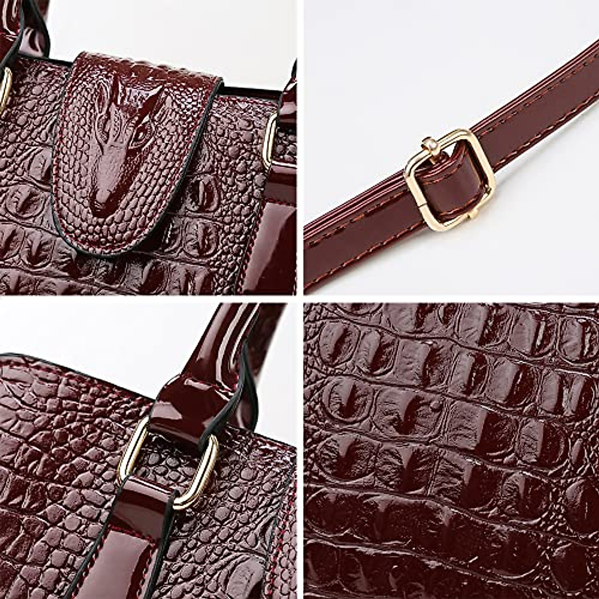 YAQUNICER Tote Top-handle Handbags Patent PU Leather Women Purse Satchel Crocodile Pattern Shoulder Crossbody Bag-Gold