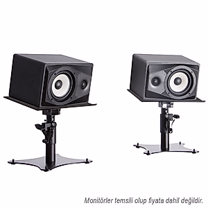 On-Stage SMS4500-P Clamp-On Studio Monitor Speaker Stands: Height-adjustable (9"-12.5"), locking pin for security, steel construction, nonslip rubber feet. Table/desk use, black finish. Pair.