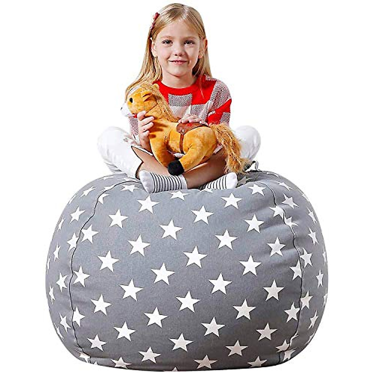 Aubliss Stuffed Animal Bean Bag Storage Chair, Beanbag Covers Only for Organizing Plush Toys, Turns into Bean Bag Seat for Kids When Filled, Large 38"-Canvas Stars Grey