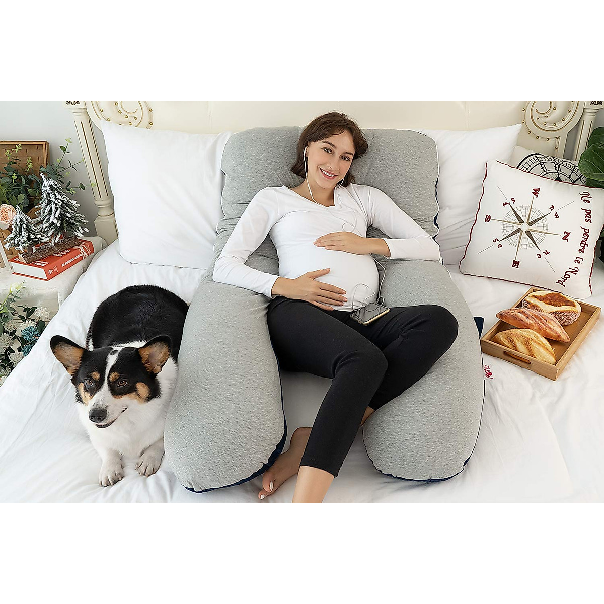 Meiz Pregnancy Pillow, Cooling Pregnancy Pillows for Sleeping, Full Body Pregnancy Pillow with Reversible Cooling Jersey Cover & Velvet Cover, Blue & Grey