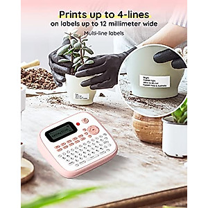 Pink Label Maker Machine with Tape D210S Portable Labeler Label Printer for Labeling with 4 Laminated Label Tapes JM231, QWERTY Keyboard Label Maker, AC Adapter Easy-to-Use, Multiple Line Labeling