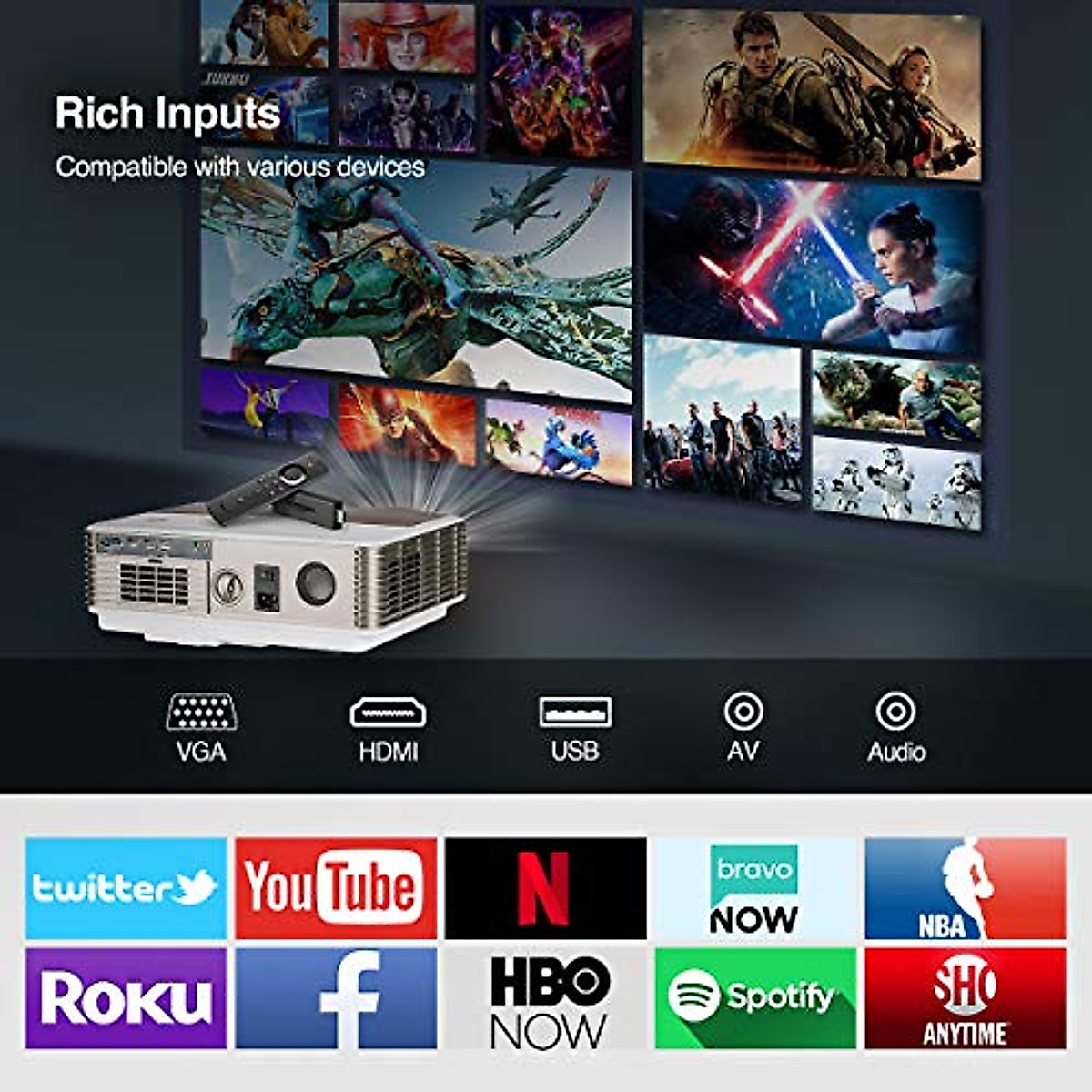 LCD Android Wireless Projector 1080p Native 9000 High Lumen, Home Theater Projector with WiFi and Bluetooth 250'' Display Outdoor Movie, Airplay for iPhone, Compatible with Fire Stick,PS5,Laptop,HDMI