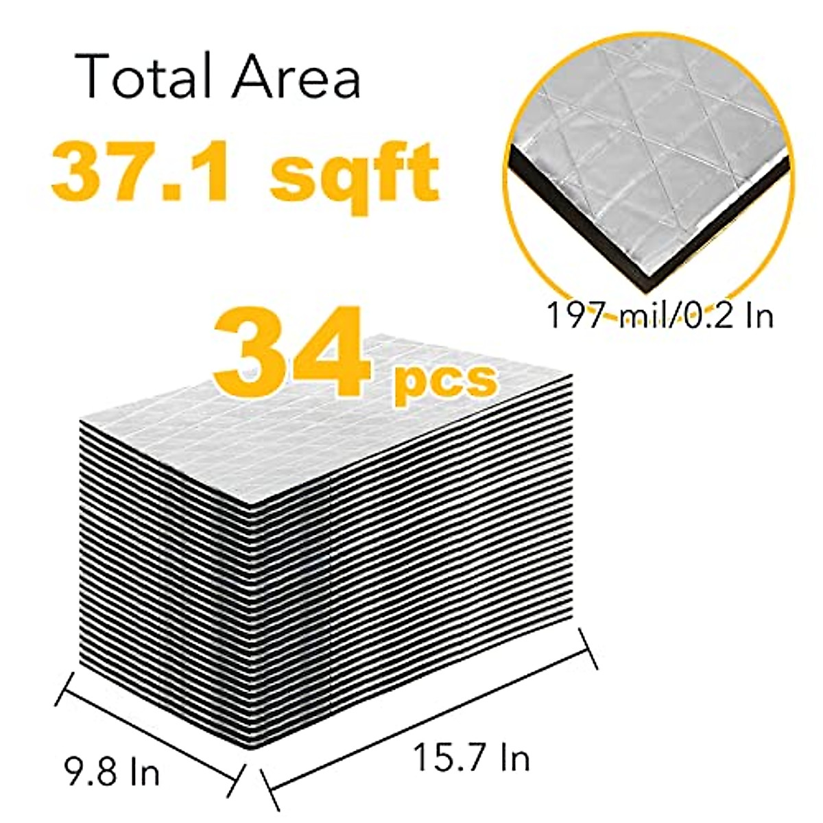 KOIKEY Sound Deadener for Car, Auto Sound Deadening Foam Materials Mat, Heat Insulation and Vibrations Dampening for Audio, Trunk, Floor, Hood, Engine Cover, 197 mil 37.1 sqft