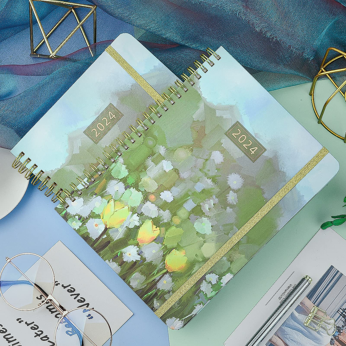 2024 Planner, Daily Weekly Monthly Planner with Tabs, 8.5" x 6.4", Hardcover, Elastic Closure, Inner Pocket, Floral Agenda Organizer & Calendar Jan 2024 to Dec 2024, Green Flower