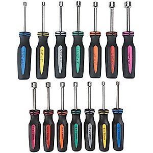 14 Piece SAE and Metric Professional Automotive Nut Driver Set Color Coded Nonslip TPR Hand Grips and 3-inch Hollow Shaft