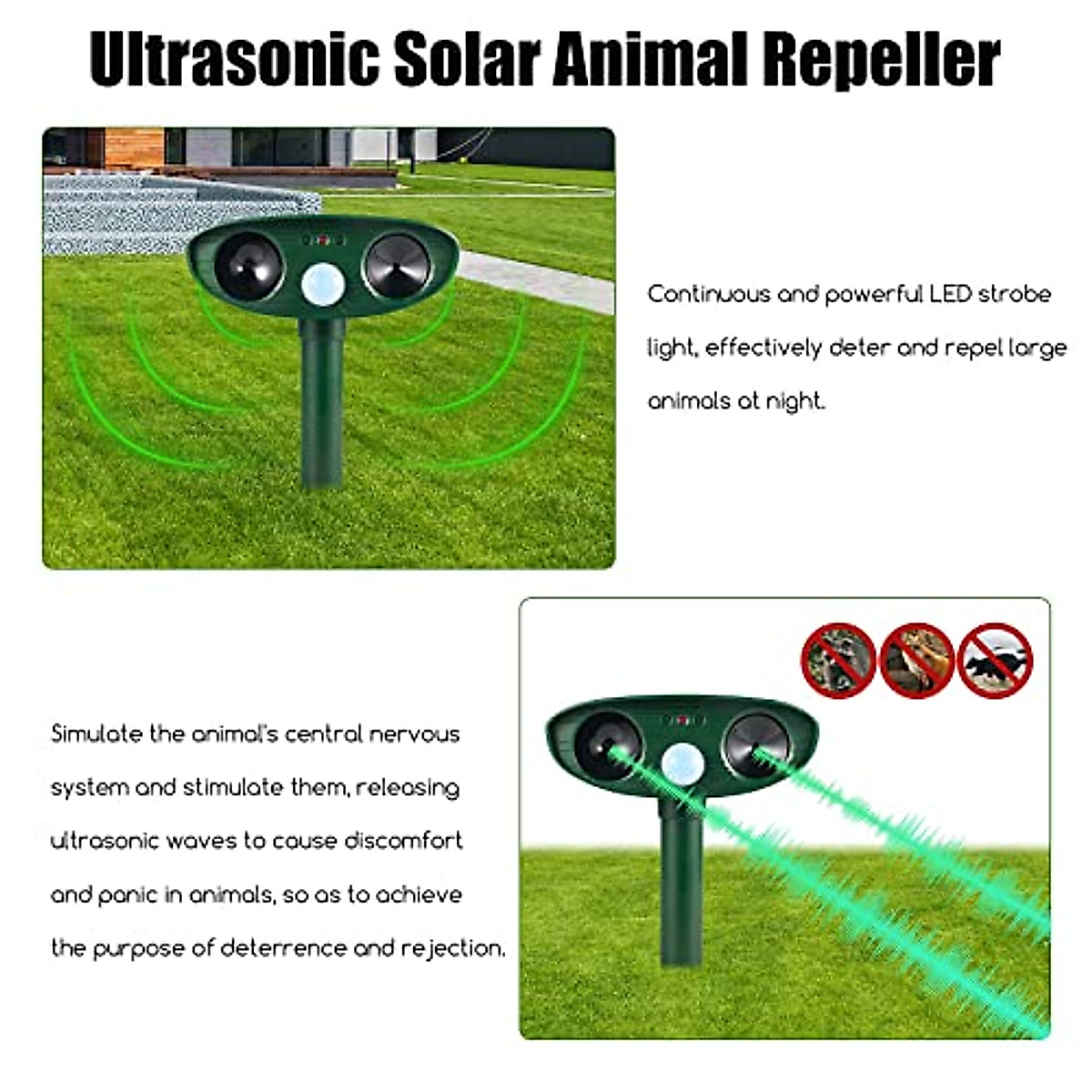 Ultrasonic Animal Deterrent Outdoor Solar Animal Deterrent with Motion Sensor Flashing Light Waterproof Animal Deterrent for Squirrel Deer Cat Dog Raccoon Rabbit Skunk Fox and More(2 Pack)