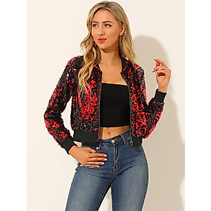 Allegra K Women's Halloween Sequin Jacket 2024 Fall Party Shiny Glitter Sparkly Bomber Jackets Medium Red
