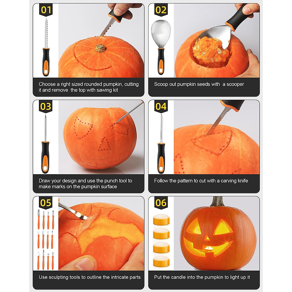 Luditek Pumpkin Carving Kit, 17 PCS Professional Stainless Steel Pumpkin Carving Tools with 4 Electronic Candles Lights and 10 Stencils, Halloween Gifts Jack-O-Lanterns Cutting for Adults Kids