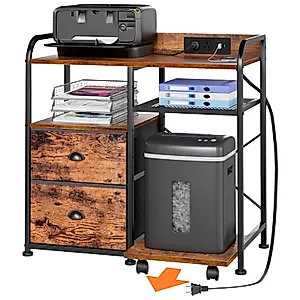 Furologee Printer Stand with Power Outlet, Lateral File Cabinet with 2 Large Drawers, Shredder Shelf Stand with Wheels & 4 Tiers Open Shelves for Office, Home, Living Room, Rustic Brown