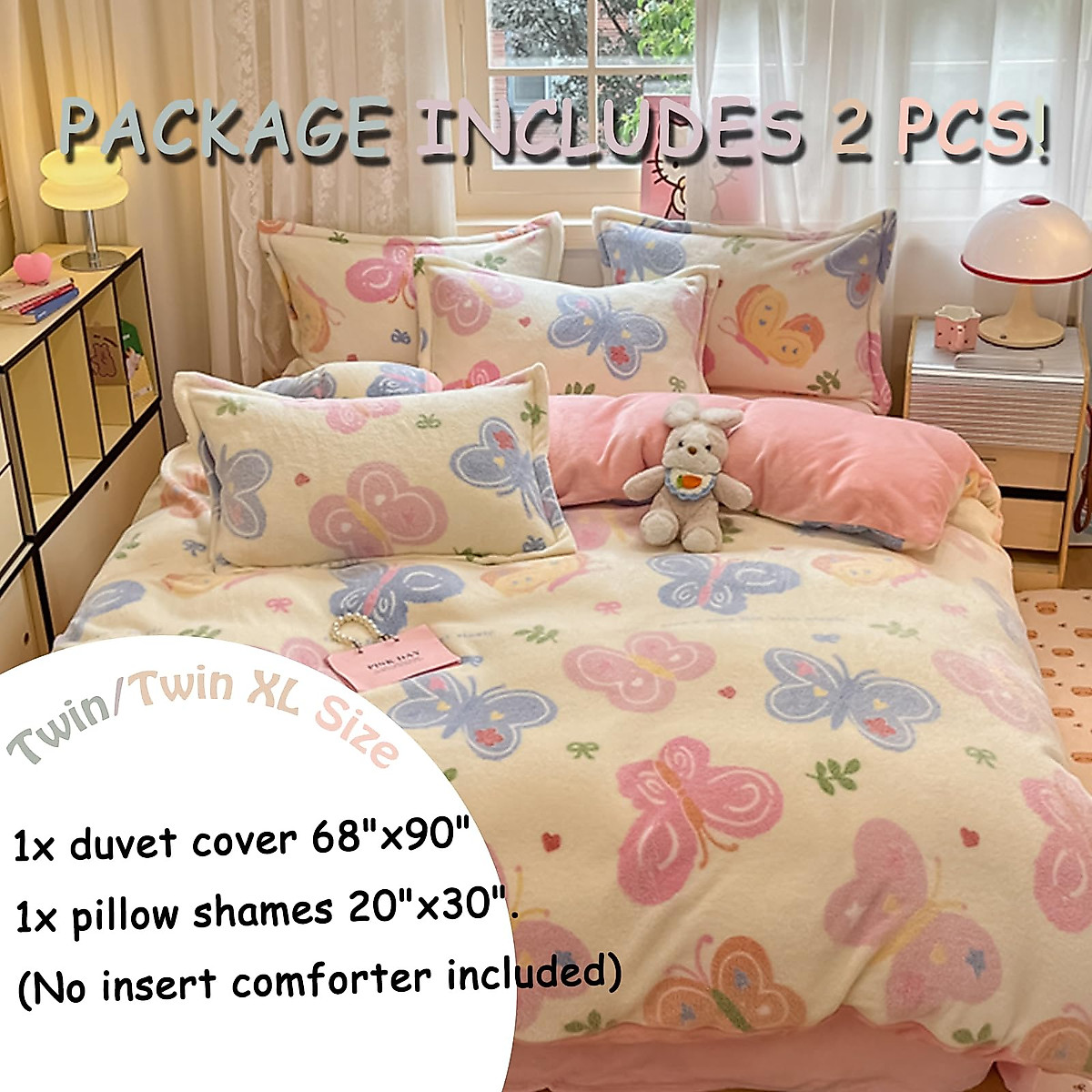 MorroMorn Twin Bedding Sets, Butterfly Pink Duvet Cover Set, Fluffy Comforter Covers Blanket Ultra Soft Kawaii Cute for Girls Kids Toddler Teen Women Twin/Twin XL Size