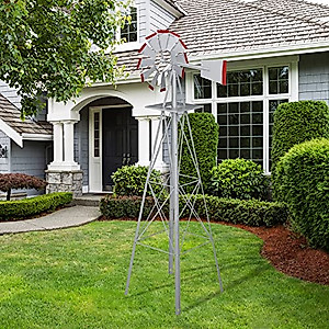 Crownland 8FT Ornamental Windmill Backyard Garden Decoration Weather Vane, Heavy Duty Metal Wind Mill Weather Resistant 4 Legs Design (Grey)
