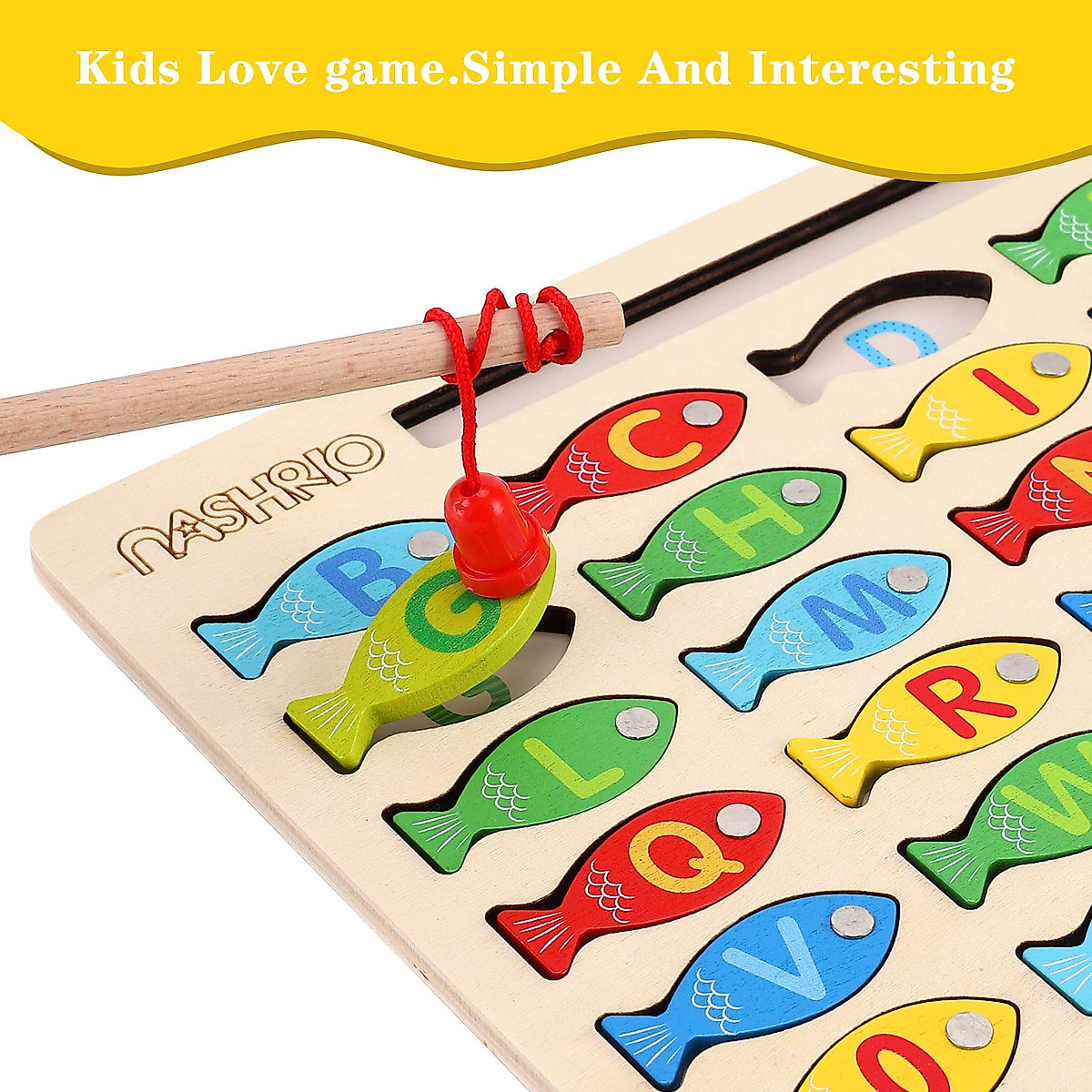 Magnetic Wooden Fishing Game Toy for Toddlers, Alphabet Fish Catching Counting Games Puzzle with Numbers and Letters, Preschool Learning ABC Math Educational Toys 3 4 5 Years Old Girl Boy Kids