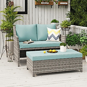 OC Orange-Casual 2-Piece Outdoor Patio Furniture Wicker Love-seat and Coffee Table Set, with Built-in Storage Bin, Grey Rattan, Green Cushions