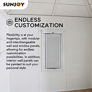 Sunjoy Office Shed for Outdoor, Tiny House 10'x12.6' She Shed, Backyard Office, Multipurpose Outdoor Room, Home Gym with Floor, 2 Windows and Lockable Doors