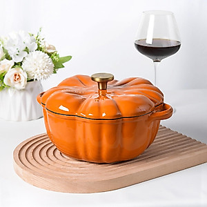 Hgjgwqh Cast Iron Dutch Oven, Pumpkin Shape Cooking Pot Casserole with Lid and Handles, Non-Stick Stew Pot Soup Pot Halloween Cooking Pot Enamel Cookware Crock Pot for Soup Porridge Stew Gift,1.5L