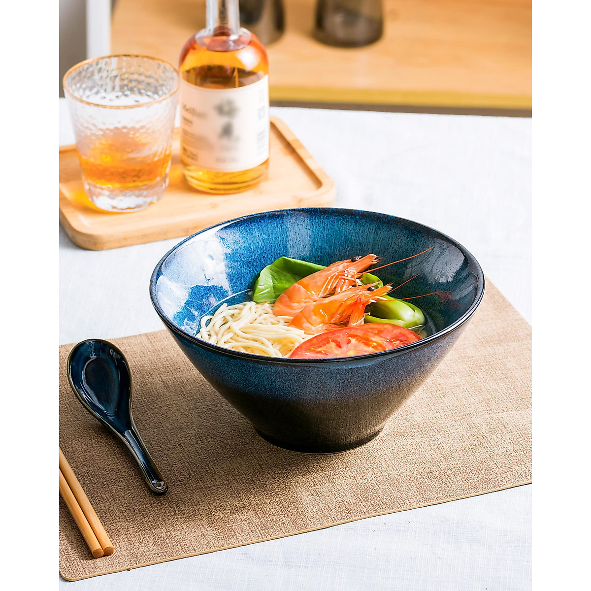 Large Salad Soup Ramen Serving Bowls, 71 OZ Ceramic Japanese Ramen Noodle Bowl with Chopsticks, Spoons and Rests - Super Big Bowl Sets for Udon, Pho, Pasta, Cereal, Set of 2 - Reactive Blue