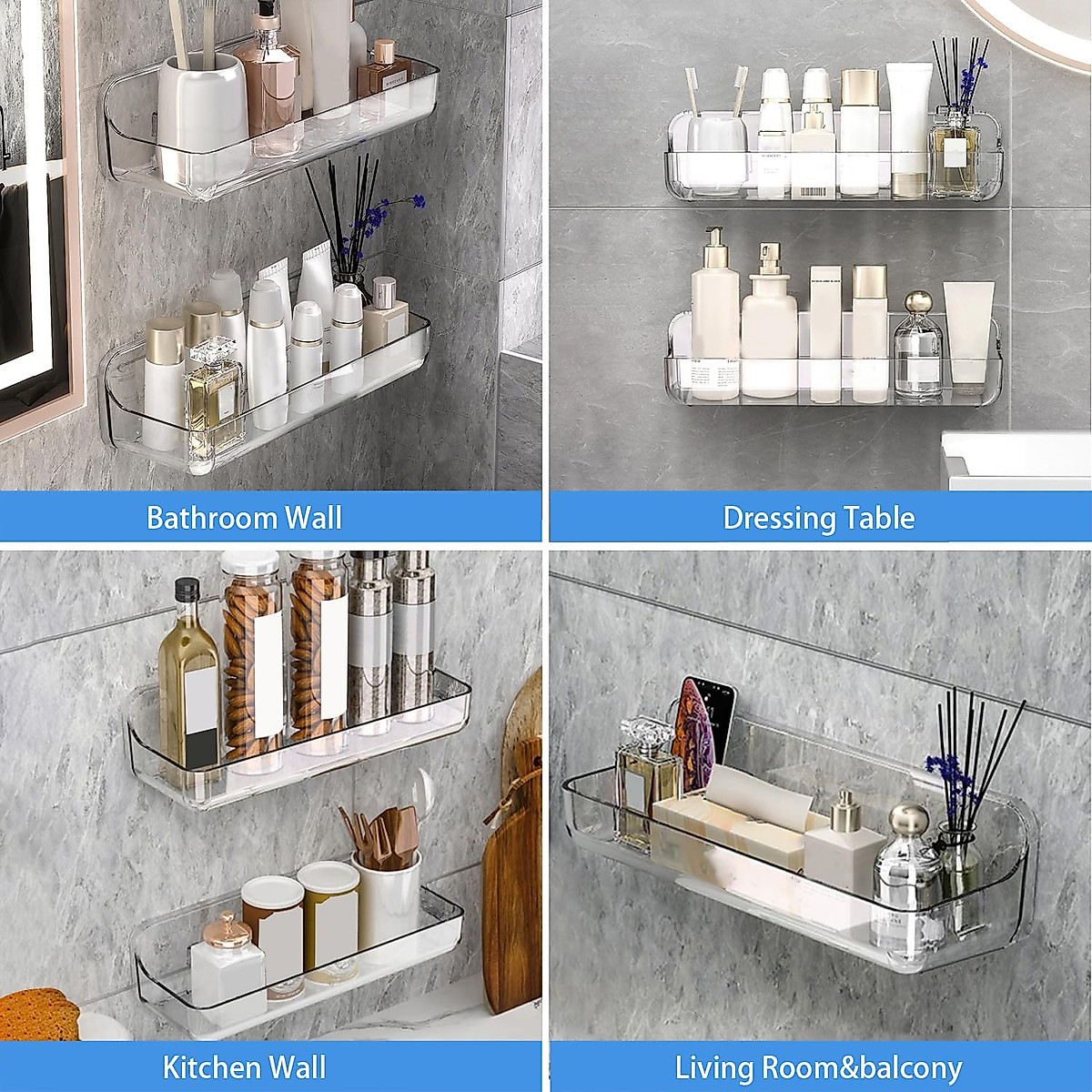 Diesisa 2pc Acrylic Wall Mount Organizer, Adhesive Shelf, Bathroom Shelves for Wall, Self Adhesive Organizer, No Drilling Hang Walls,with Self Adhesive Tape, for Bathroom, Kitchen, Living Room