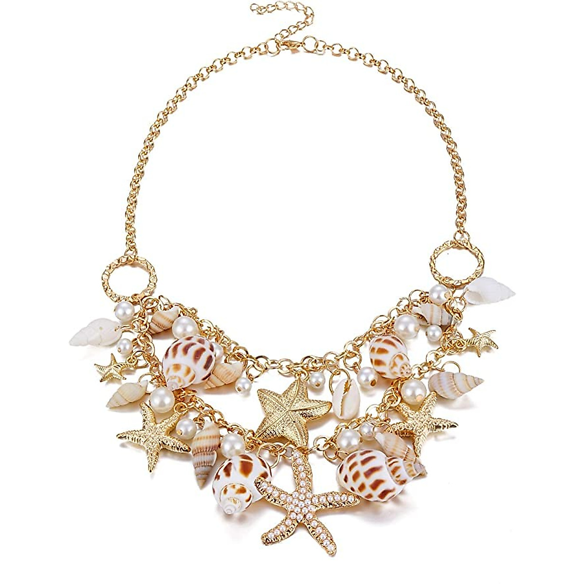 Halawly Shell Necklace Choker Mermaid Tail Necklace - Fashion Sea Shell Starfish Faux Pearl Collar Bib Statement Chunky Necklace Pendant (Necklace)