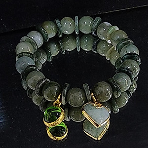 10.80 mm. Jade Bracelets for Women Genuine Green Colors Bangle Energy Gems Jadeite Charms with Pendant Naga Eye Green Crystal and Heart Bring Money Wealth