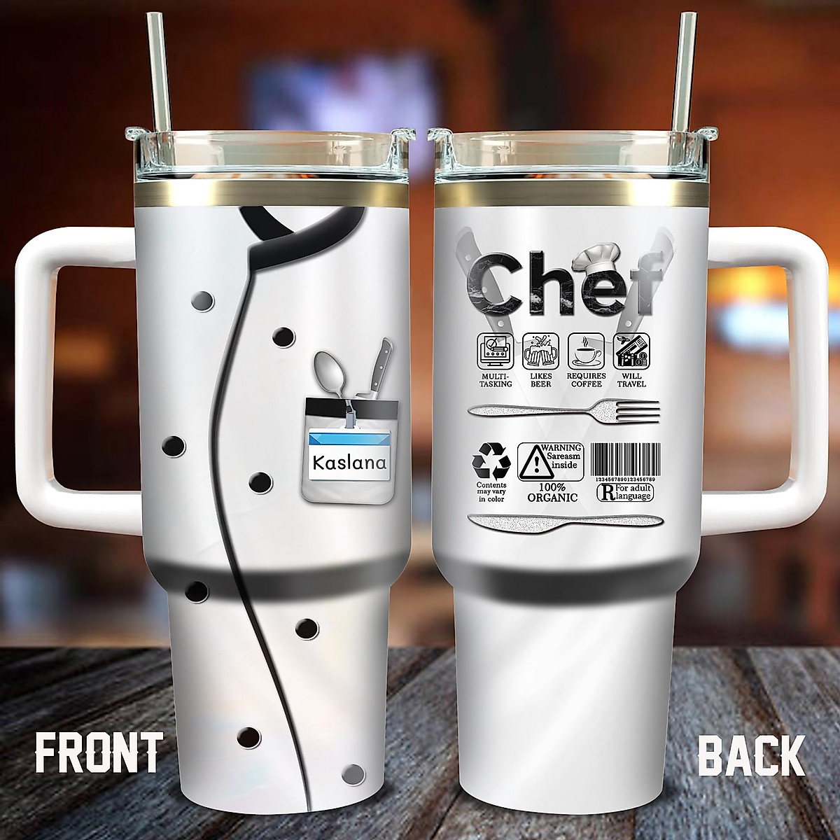 WAZONE Personalized Chef Nutrition Facts Tumbler 40oz with Handle and Straw Culinary Stainless Steel Tumblers Travel Mug Gift Ideas Novelty Custom Name Gifts For Women Men Cooking Lovers