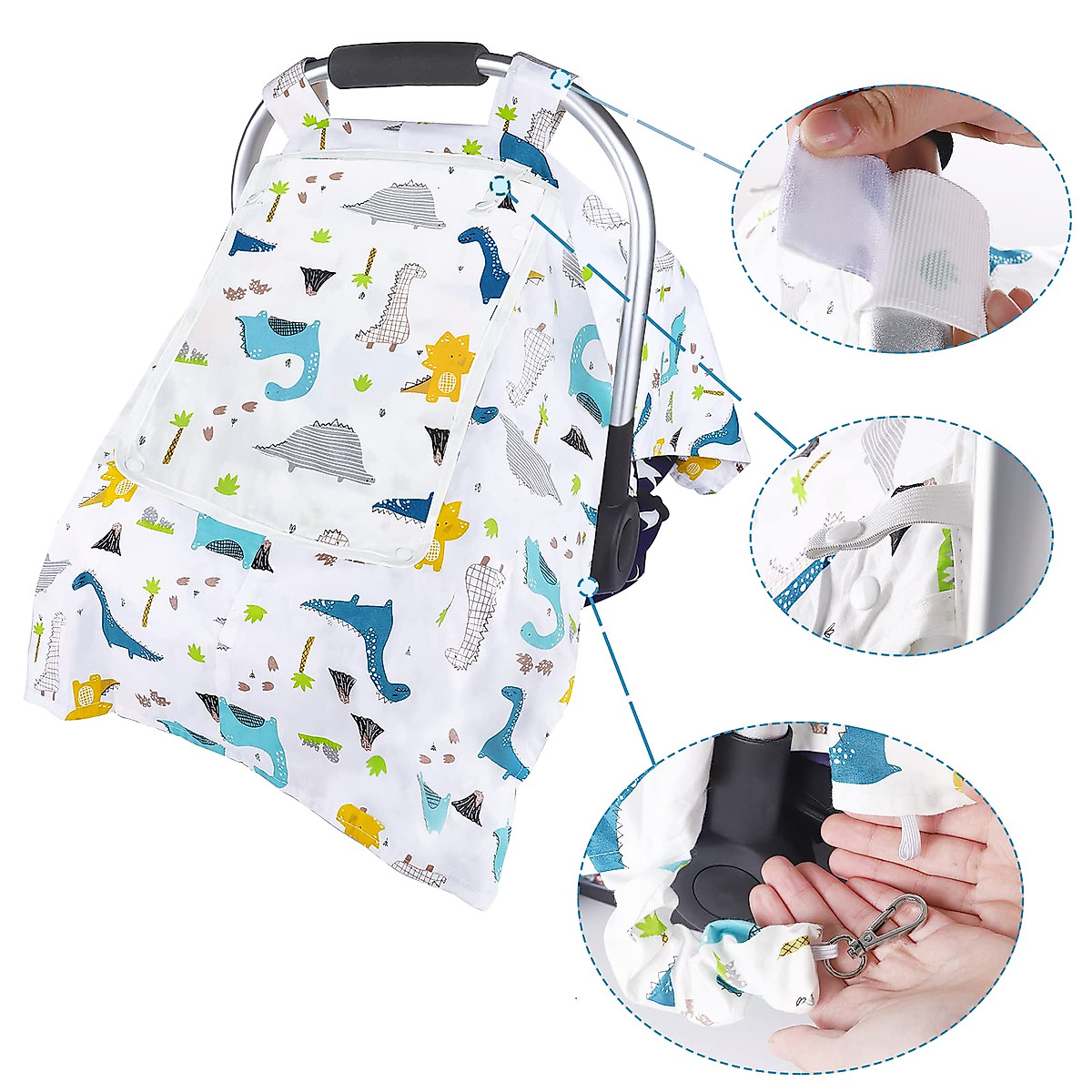 SJEhome Car seat Covers for Babies boy Girl,Light Weight Muslin,Carseat Canopy for Newborn Infant Carrier,2 Layers Windows of Mesh/Fabric,Fit All Baby Car Seat,Dinosaur