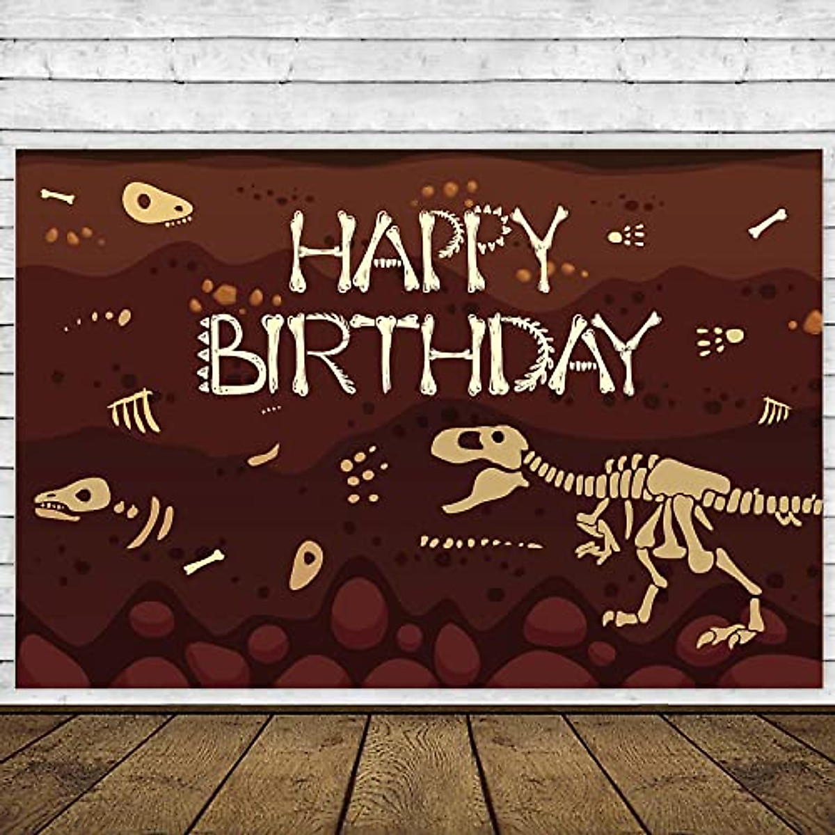 Dinosaur Tyrannosaurus Rex Fossil Happy Birthday Banner Backdrop Animal Dino T-REX Fossil Bones Theme Decorations Decor for Paleontology Party Birthday Party Supplies Background Photo Booth Props