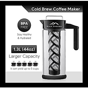 High Ground - Cold Brew Coffee Maker, Tea Brewer, Mesh Filter, 1.3L (44oz) BPA Free Iced Coffee Maker