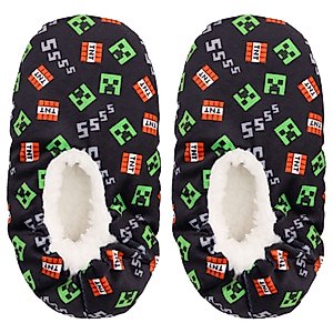 Minecraft Sock Slippers for Kids, Allover Creeper Video Game Print, Black, Size Medium (10-13 Little Kid)