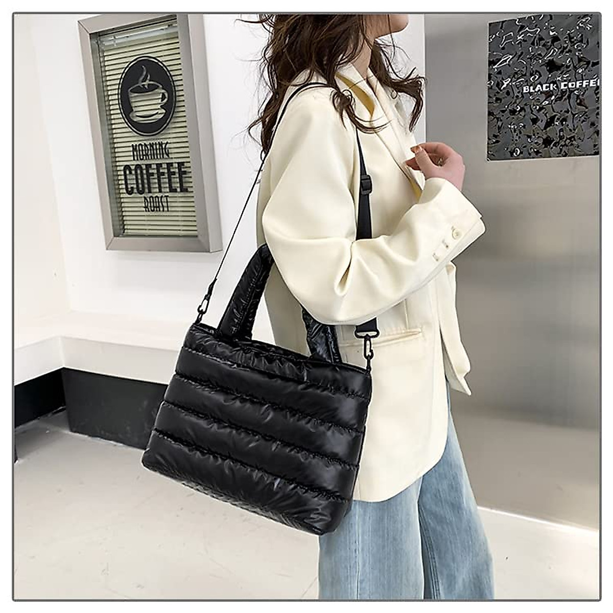 UMRFNO Puffer Tote Bag, Quilted Tote Bag for Women Luxury Shoulder Bag Down Winter Handbag Top Handle Bag Pillow Bag (Black)