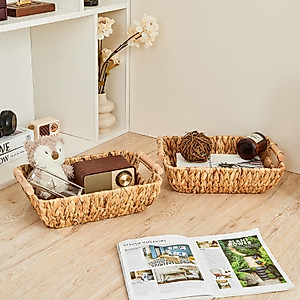 Storage Basket Hand-Woven Large Storage Baskets with Wooden Handles, Water Hyacinth Wicker Baskets for Organizing, 2-Pack