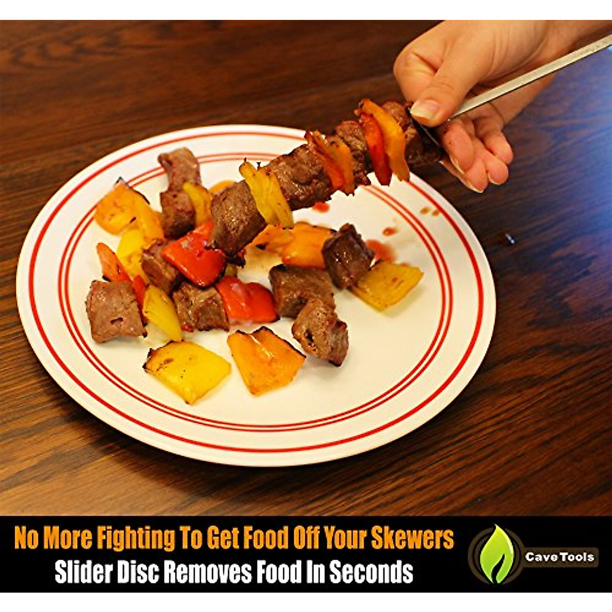 Cave Tools Skewers Set - 10 Stainless Steel Wide BBQ Kebob Sticks for BBQ Grill - Flat Metal with Food Remover Disc - BBQ Accessories, 17.3 Inch