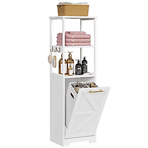 DWVO Tilt Out Laundry Hamper, Hidden Laundry Hamper Cabinet and 3-Tier Storage Shelves with Removable Laundry Basket 53" Tall Bathroom Storage Organizer for Sleeping Room, Laundry Room, White