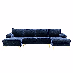 Zaboro 110" U-Shaped Sectional Sofa, 4-Seater Modular Sofa Couch with Double Chaises, Velvet Accent Sofa with Golden Metal Legs & Armrest Pillows, for Living Room, Apartment and Office,Navy Blue