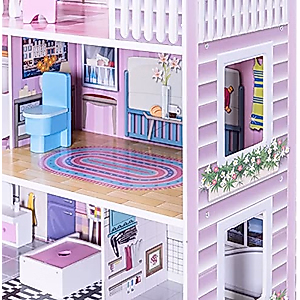 HONEY JOY Dollhouse with 8 Pcs Furniture, 3-Level Wooden Doll House, Pretend Play Kids Doll’s House, Princess Mini Toy House Furniture Playset, Gift for Little Girls (Pink, 2.5FT)