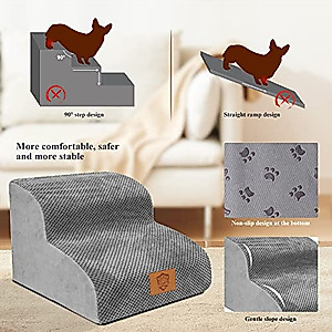 OZD High Density Foam Dog Stairs 2 Tiers, Non-Slip Dog Ramp with Removable Washable Fabric Cover, Waterproof Pet Ladder for Sofa Bed Stool Window, with 1 Lint Roller, Grey
