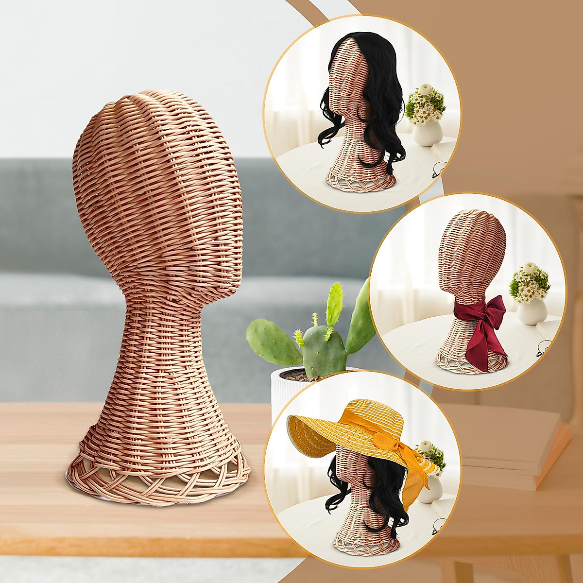 Generic Mannequin Head Hat Display Stand Professional Tall Rattan Hat Rack Wig Stand for Hairpieces Headsets Headphones Barber Salon Shop
