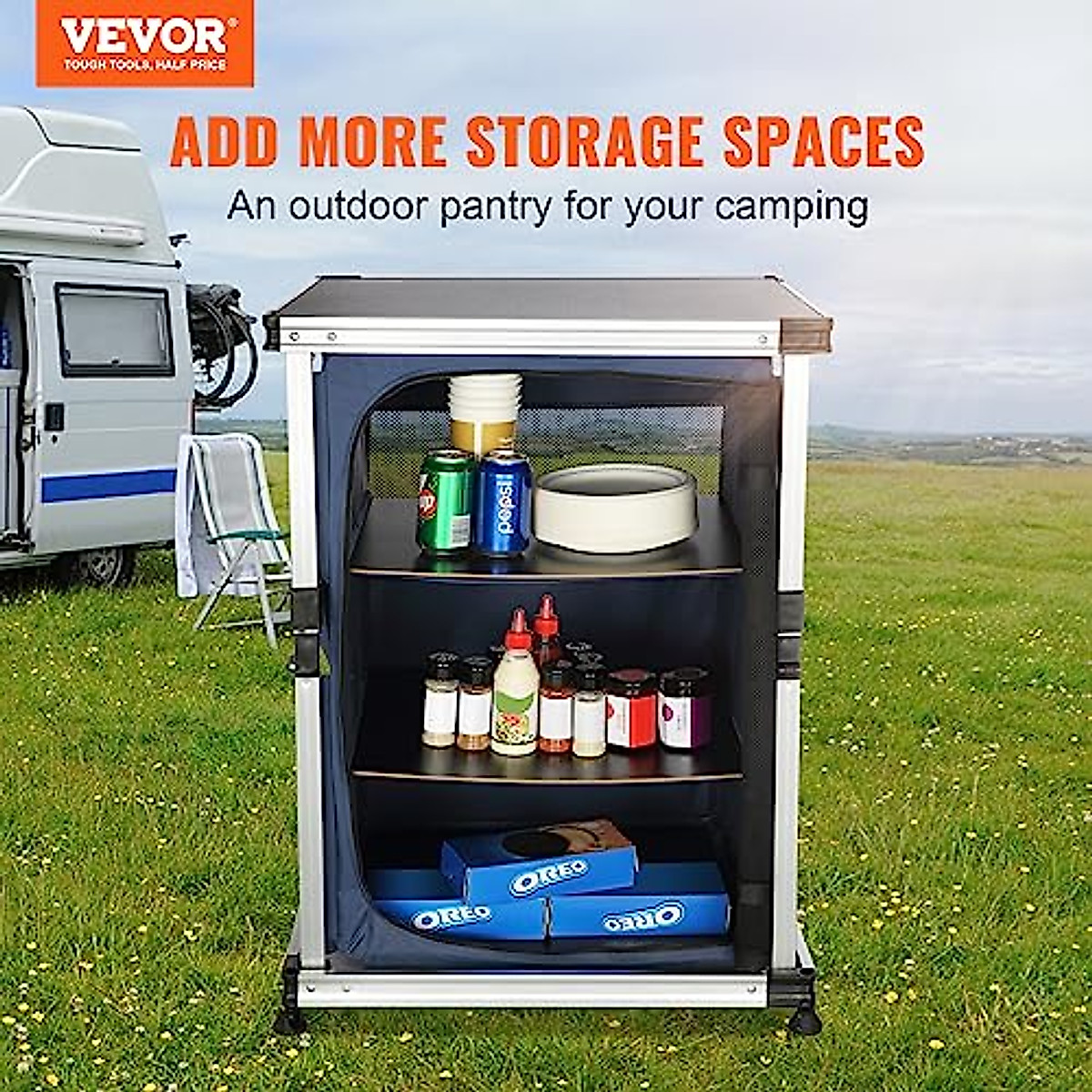 VEVOR Camping Kitchen Table Storage, Outdoor Pop-up Aluminum Portable Folding Cook Station with 3-Tier Organizer, Side Pocket & Carrying Bag, Quick Set-up for BBQ Party Backyard RV Traveling, Blue