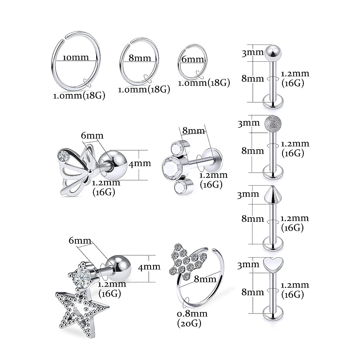 Oufksiyy tragus piercing jewelry 16G surgical steel tragus earrings for women cartilage earring Stud s Hoop butterfly cz Rook Piercing Jewelry For mens earrings Silver