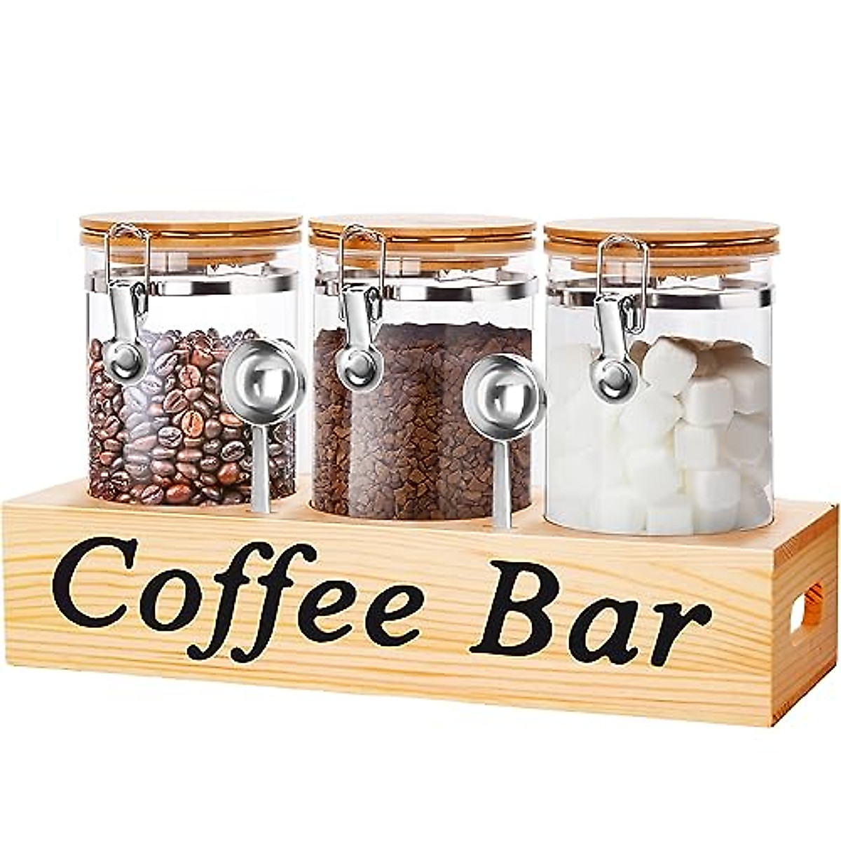 3 PCS Coffee Container for Ground Coffee with Scoop Wood Station, Glass Coffee Bean Canister Organizer with Airtight Lids, Coffee Storage Canister Jar for Sugar Tea