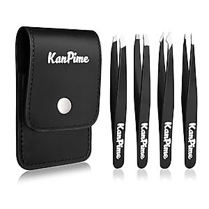 Tweezers Set - KanPime Professional Stainless Steel Tweezers with Storage Case for Eyebrows, Precision Tweezers Kit for Facial Hair, Splinter and Ingrown Hair Removal (Black)