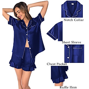 SWOMOG Womens 4 Piece Pajamas Silk Button Down Tops Satin Cami Tank Top Ruffle Shorts Lounge Sets Summer Pjs Soft Sleepwear