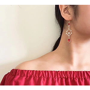 MOMOCAT 18K Gold Plated Flowers Red Ruby Dangle Hook Earrings for Women Western Chandelier Teardrop Christmas Fringe Statement Tassel Earrings for Women Dangling Vintage Jewelry