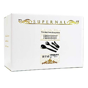72pcs Plastic Serving Utensils Heavy Duty Disposable Serving Tongs Black Disposable Serving Set 10" Spoons 10" Forks 6" Tongs Each 24pcs Supernal
