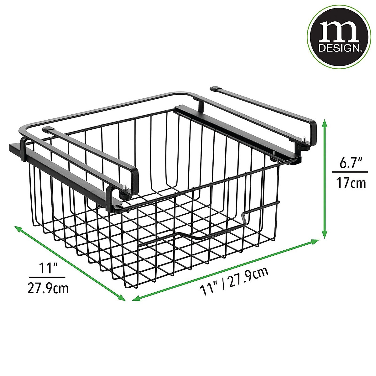 mDesign Compact Hanging Pullout Drawer Basket - Sliding Under Shelf Storage Organizer - Metal Wire - Attaches to Shelving - Easy Install - for Kitchen, Pantry, Cabinet - Black