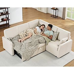 Jocisland Sofa Bed, 85 Inch Sleeper Sofa with Pull Out Bed & Storage Seat, Reversible L Shape Sectional Couch for Living Room Apartment, Beige Linen Oversized Sofa