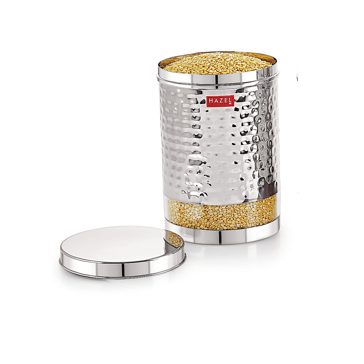 HAZEL Stainless Steel Container For Kitchen Storage Hammered Finish Transparent See Through Glossy Storage Jar Dabba, Set of 6, 2200 ML, Silver