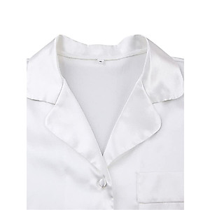 ZZEVOLSS Womens Silk Satin Pajamas Feather Trim Nightwear Long Feather Sleeve Button Down Pjs Set Fur Trim Pants Set(Lapel Collar-white,Small)