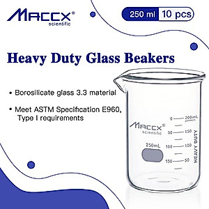 Maccx 8.5oz(250ml) Sturdy Glass Beaker, Heavy-Duty Lab Beaker Set, 3.3 Borosilicate Griffin Low Form with Printed Graduation, Pack of 6, BKL250-006