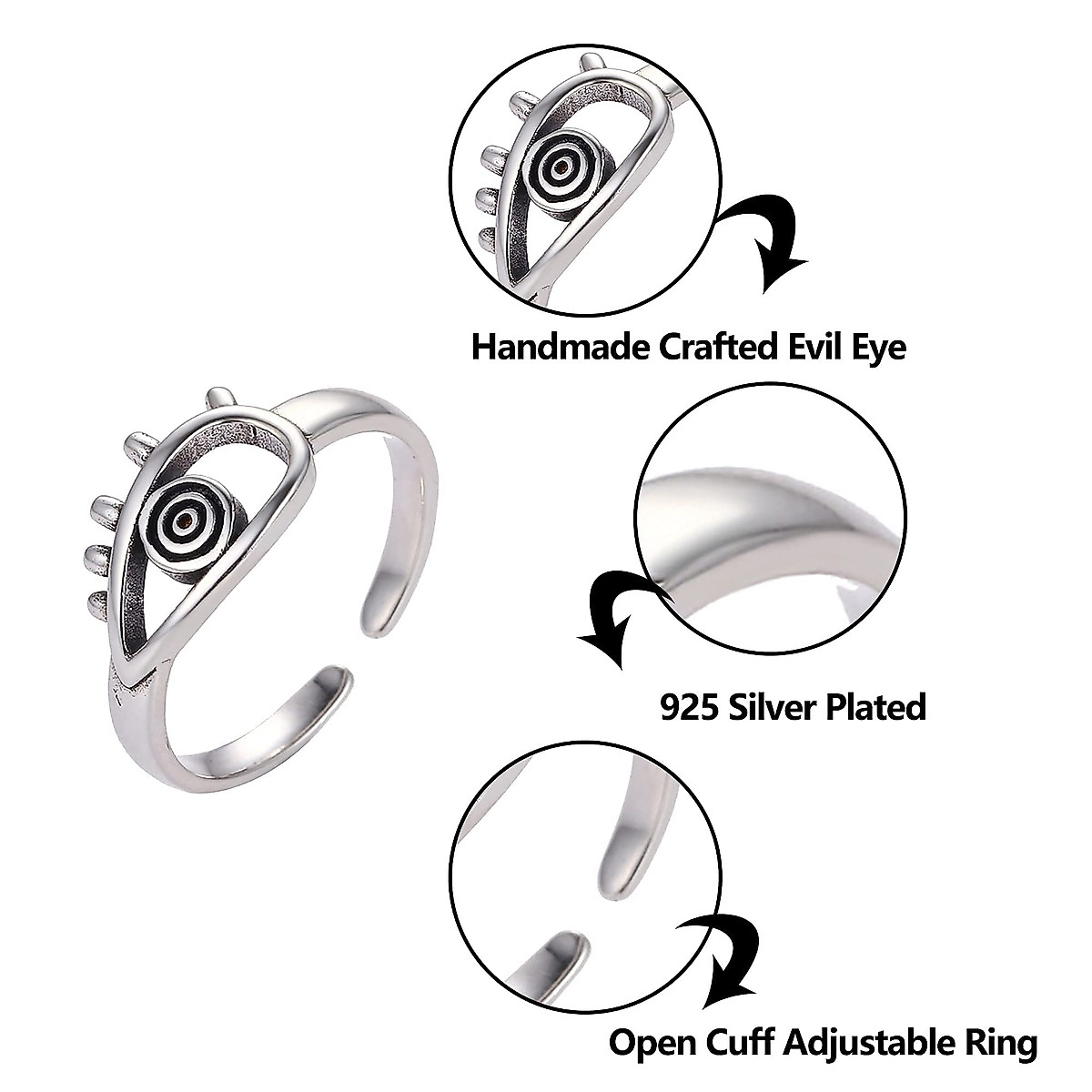 Teepollo Evil Eye Ring-925 Silver Open Cuff Adjustable Evil Eye Statement Love Lucky Protection Rings for Women Jewelry (925 Silver, Evil Eye)